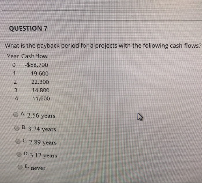 Solved QUESTION 7 What is the payback period for a projects | Chegg.com
