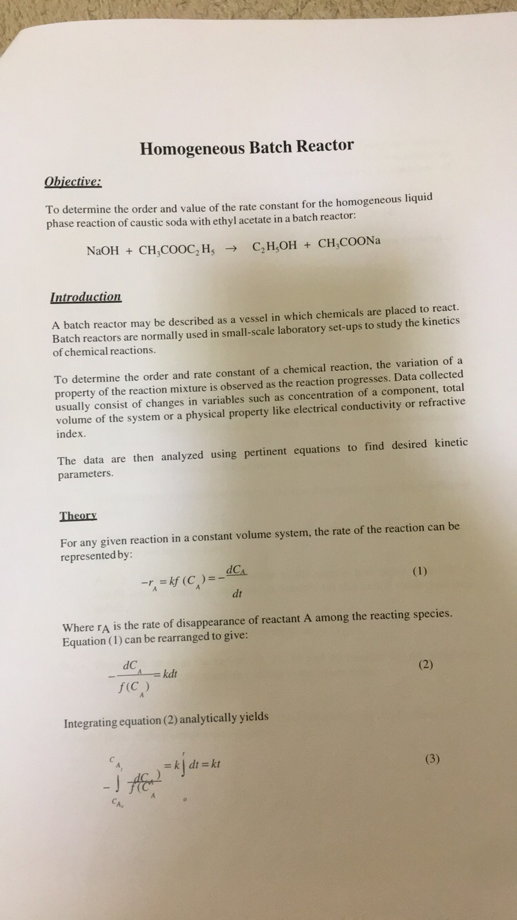 Homogeneous Batch Reactor Objective: To determine the | Chegg.com