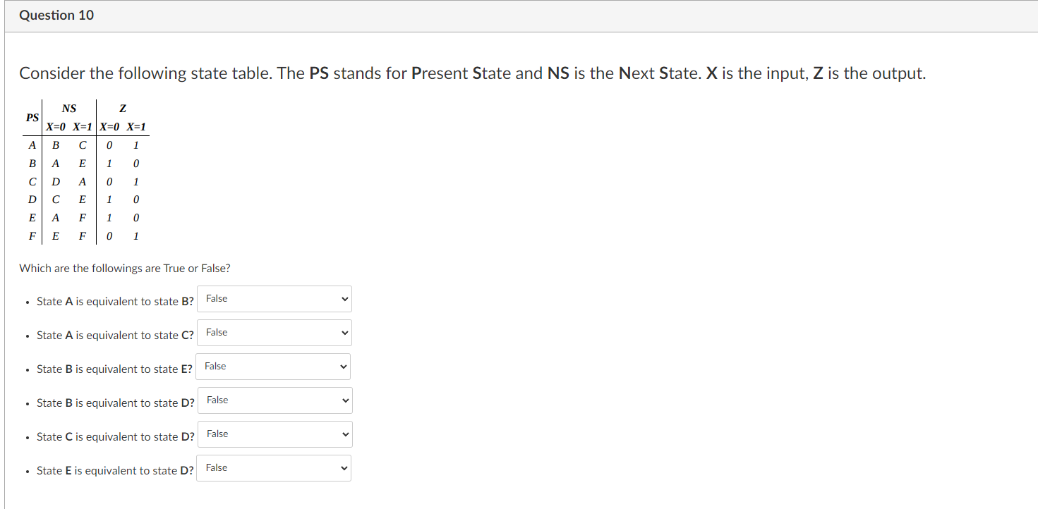 Solved Question 10 Consider the following state table. The | Chegg.com
