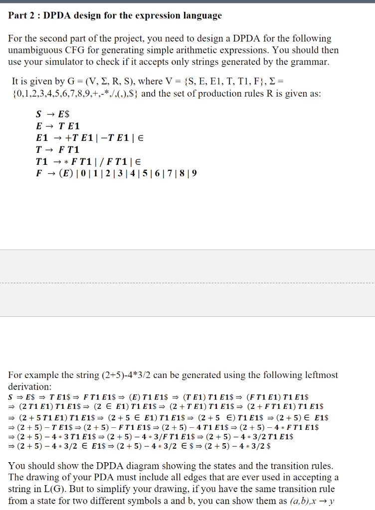 Solved Part 2 : DPDA design for the expression language For | Chegg.com