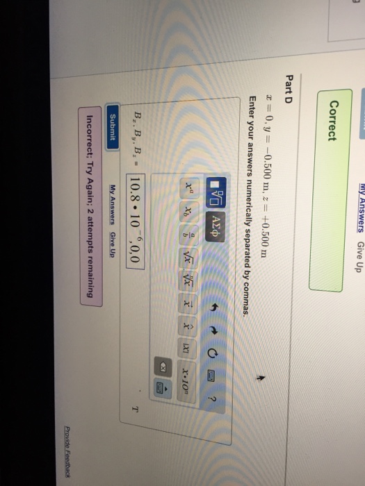 Solved My Answers Give Up Correct Part D z 0, y 0.500 m, z | Chegg.com