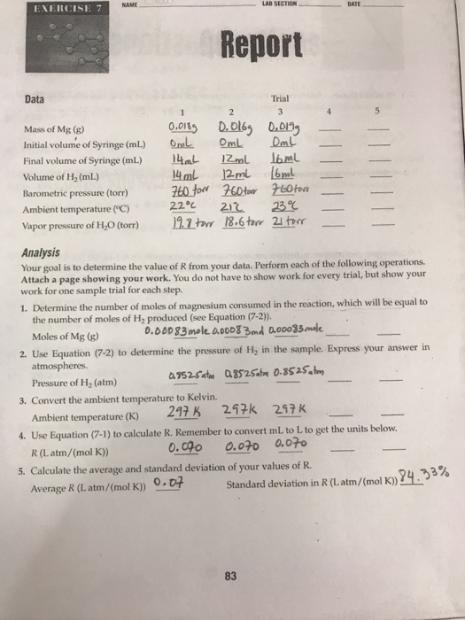 Solved NAME LAB SECTION ENERCISE 7 Report Data Trial Mass of | Chegg.com