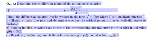 Solved Q.1 a) Determine the equilibrium points of the | Chegg.com