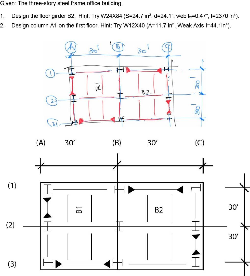 Given: The three-story steel frame office building. | Chegg.com