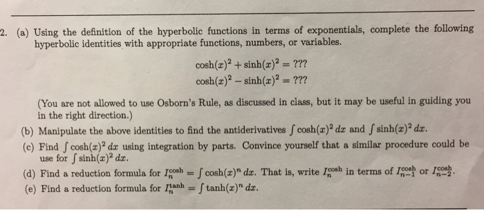 Solved Using the definition of the hyperbolic functions in | Chegg.com