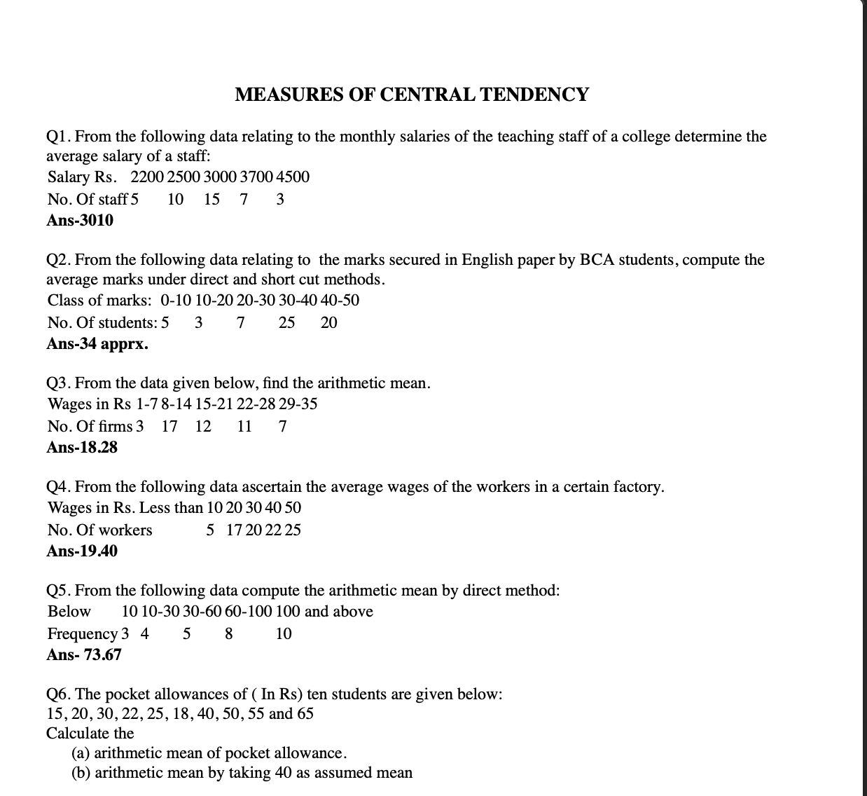 Solved MEASURES OF CENTRAL TENDENCYQ1. ﻿From the following | Chegg.com