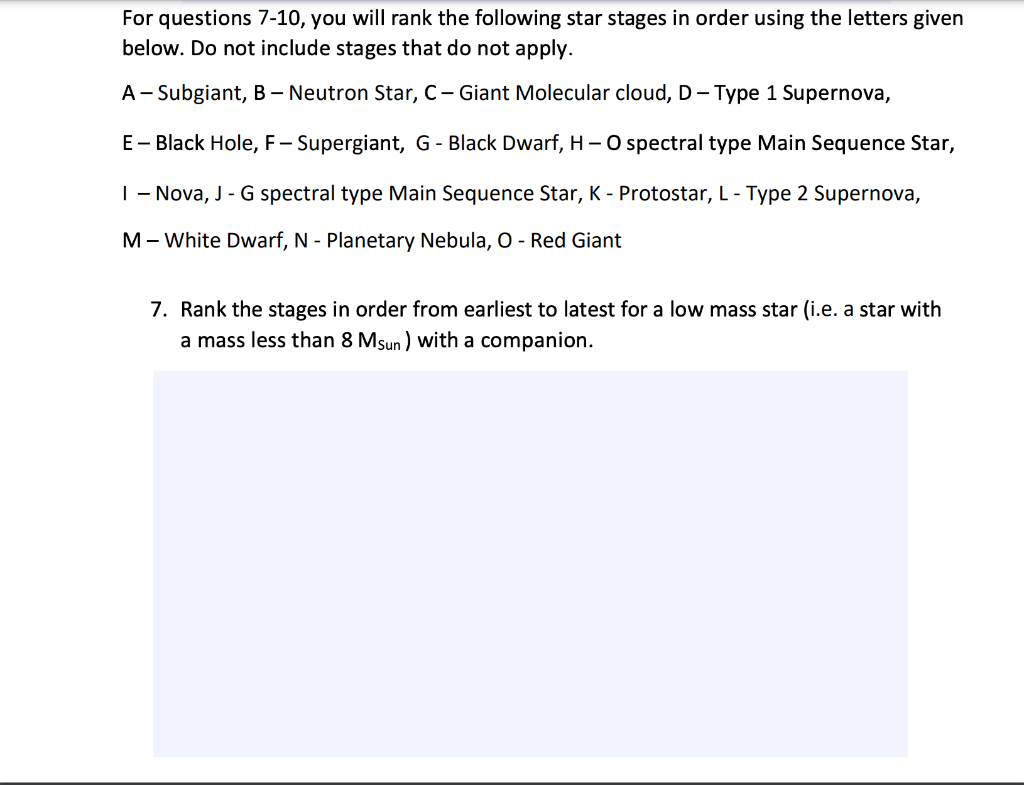 Solved For questions 7-10, you will rank the following star | Chegg.com