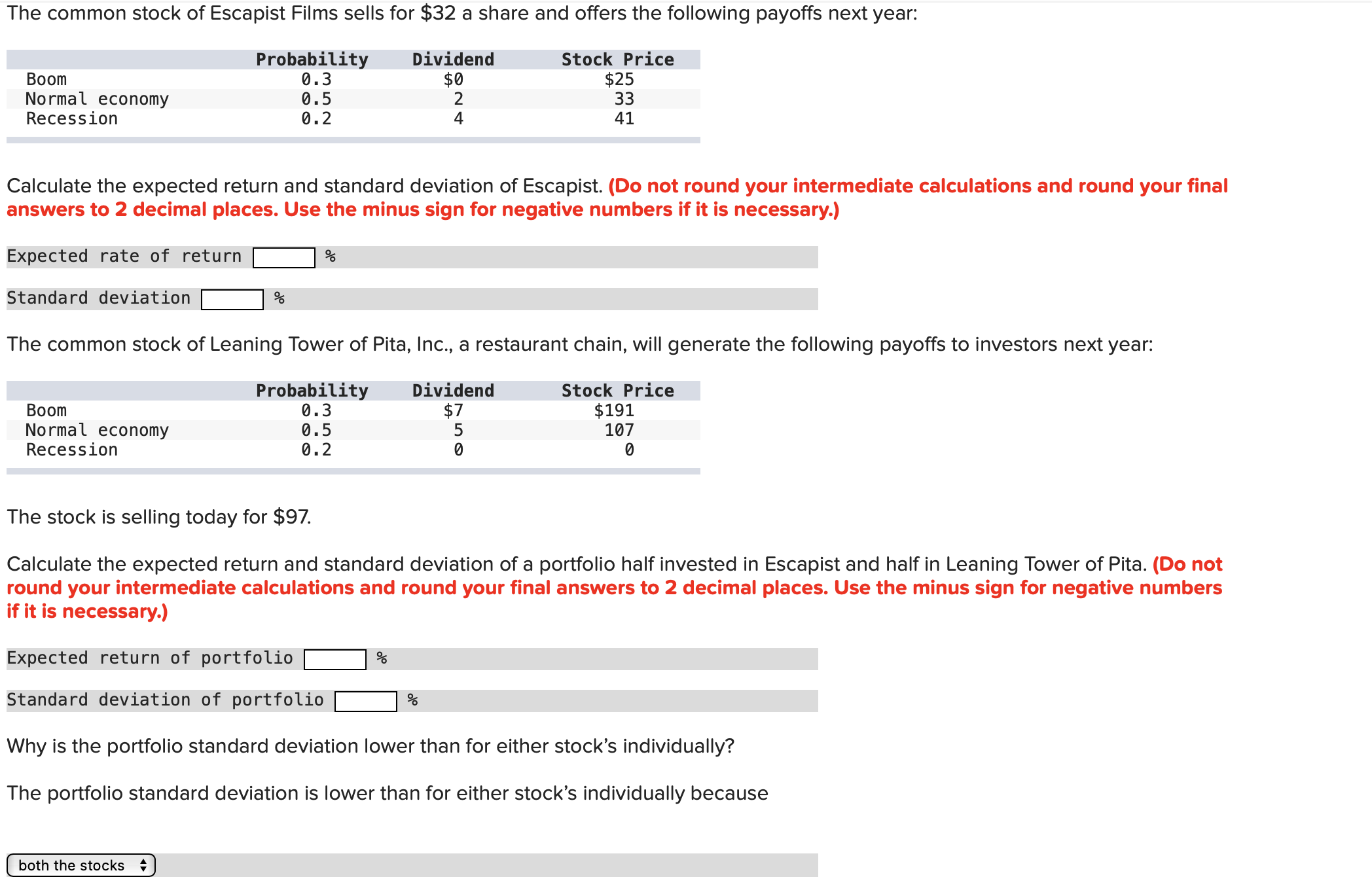 Solved Calculate the expected return and standard deviation | Chegg.com