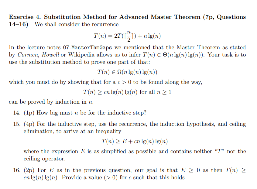 Solved Exercise 4. Substitution Method for Advanced Master | Chegg.com