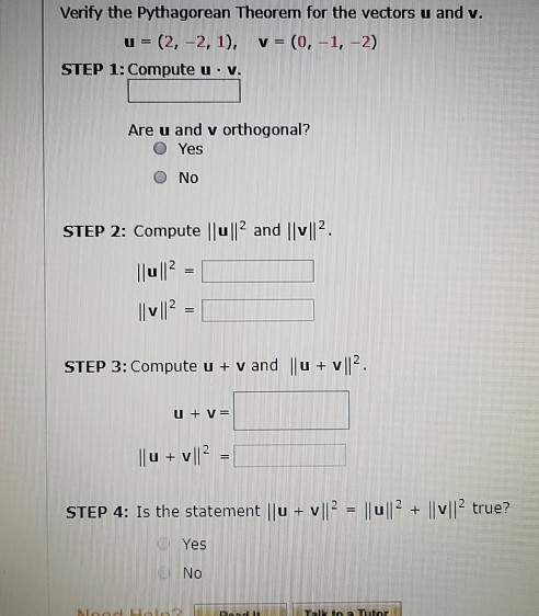 Solved Verify the Pythagorean Theorem for the vectors u and | Chegg.com