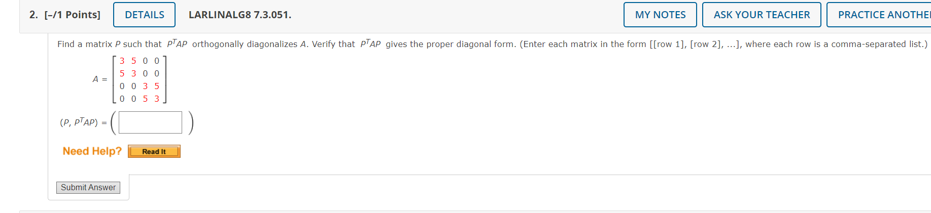 Solved 2. [-/1 Points] DETAILS LARLINALG8 7.3.051. MY NOTES | Chegg.com