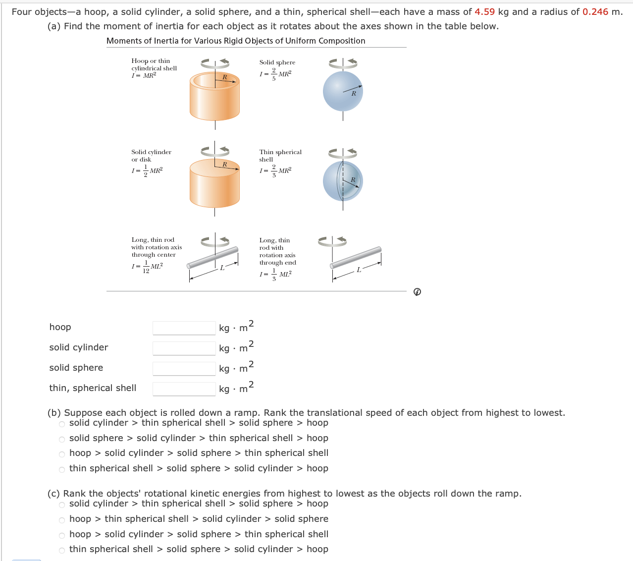 Solved Four objects-a hoop, a solid cylinder, a solid | Chegg.com