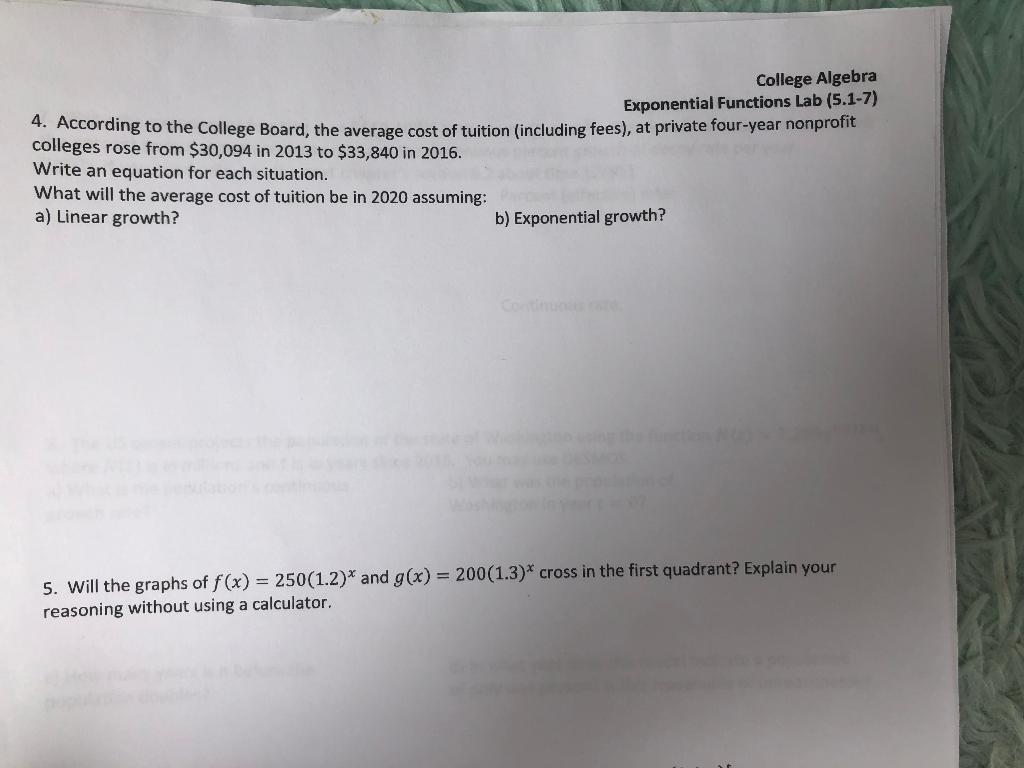 Solved College Algebra Exponential Functions Lab (5.1-7) 4. | Chegg.com