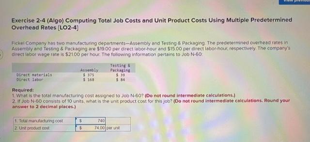 Solved Exercise 2-4 (Algo) Computing Total Job Costs and | Chegg.com