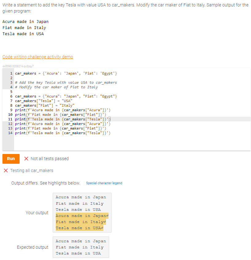 Solved Write a statement to add the key Tesla with value USA | Chegg.com