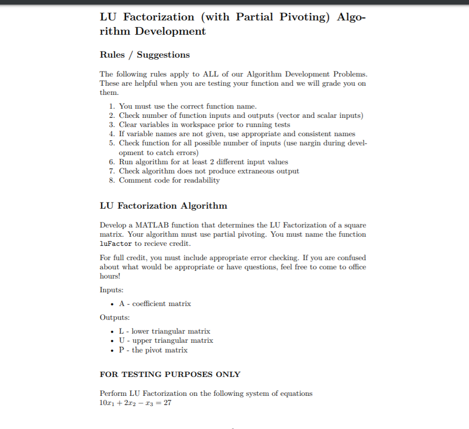 Solved LU Factorization (with Partial Pivoting) Algo- rithm | Chegg.com