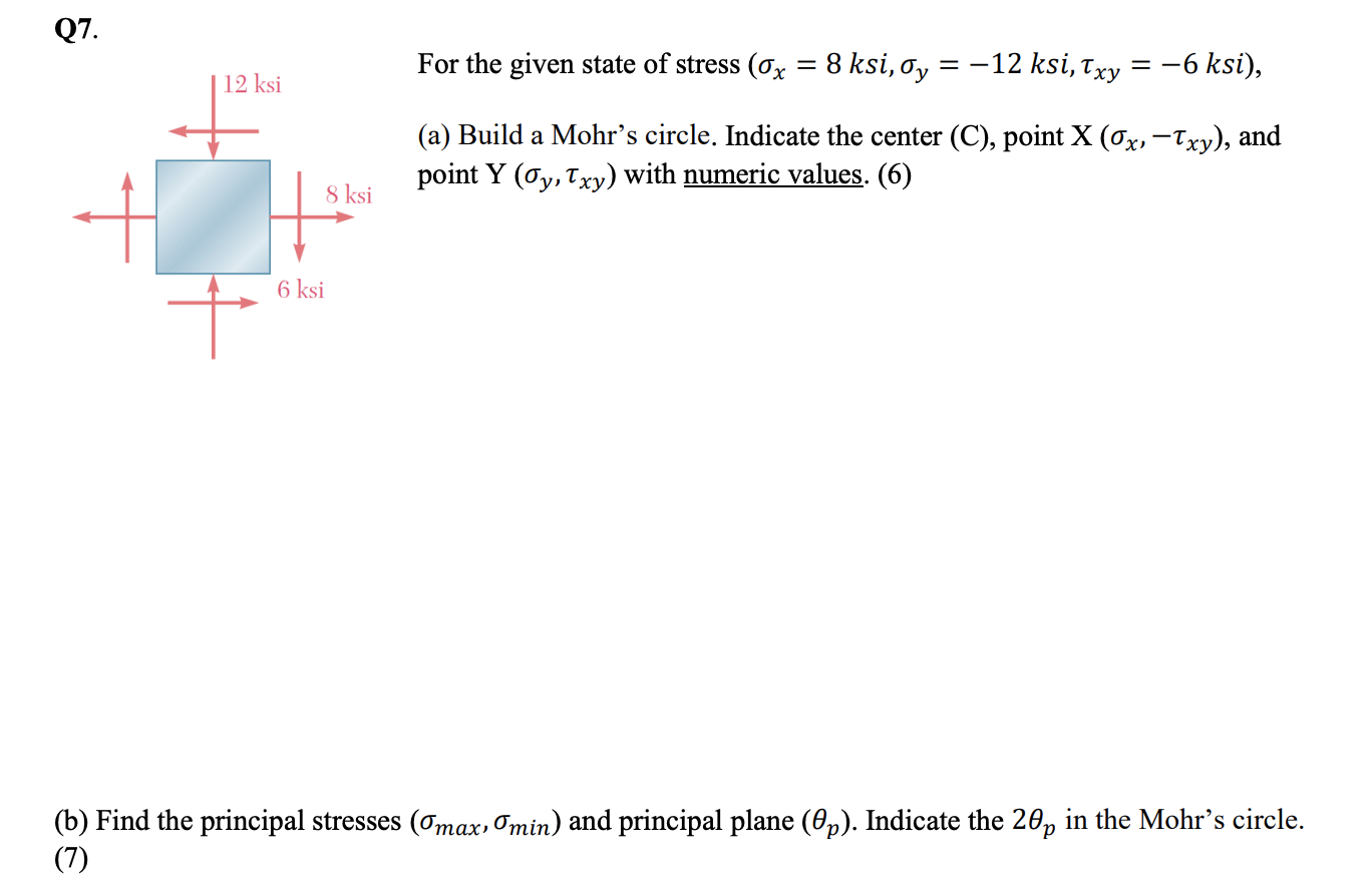 Solved Q7. For the given state of stress (Ox = 8 ksi, oy = | Chegg.com