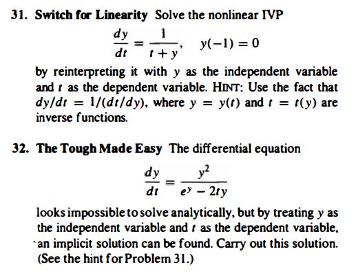Solved solve the non-linear IVP (dy/dt) = (1/t+y) , | Chegg.com