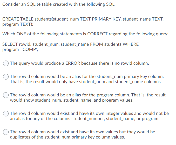 Solved Consider an SQLite table created with the following | Chegg.com