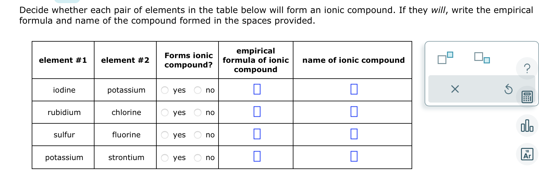 Solved Decide whether each pair of elements in the table | Chegg.com