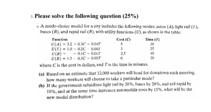 Solved A mode-choice model for a city includes the following | Chegg.com