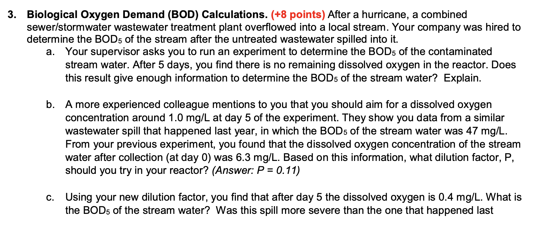 Solved 3. Biological Oxygen Demand (BOD) Calculations. (+8 | Chegg.com