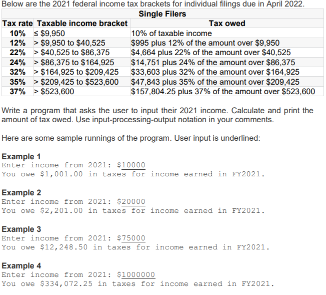 Solved Below are the 2021 federal income tax brackets for | Chegg.com