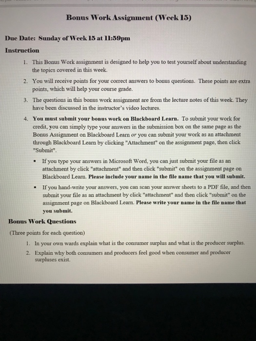 Solved Bonus Work Assignment (Week 15) Due Date: Sunday of | Chegg.com