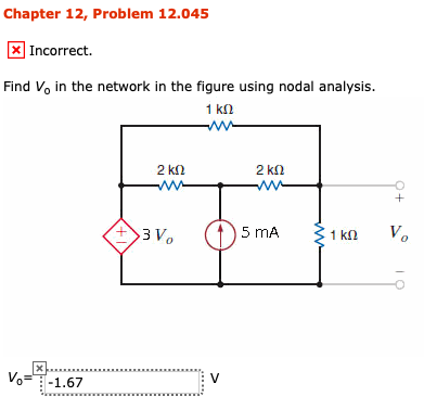 Solved Chapter 12, Problem 12.045 Incorrect Find Vo in the | Chegg.com