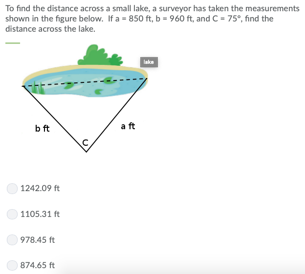 Solved To find the distance across a small lake, a surveyor | Chegg.com