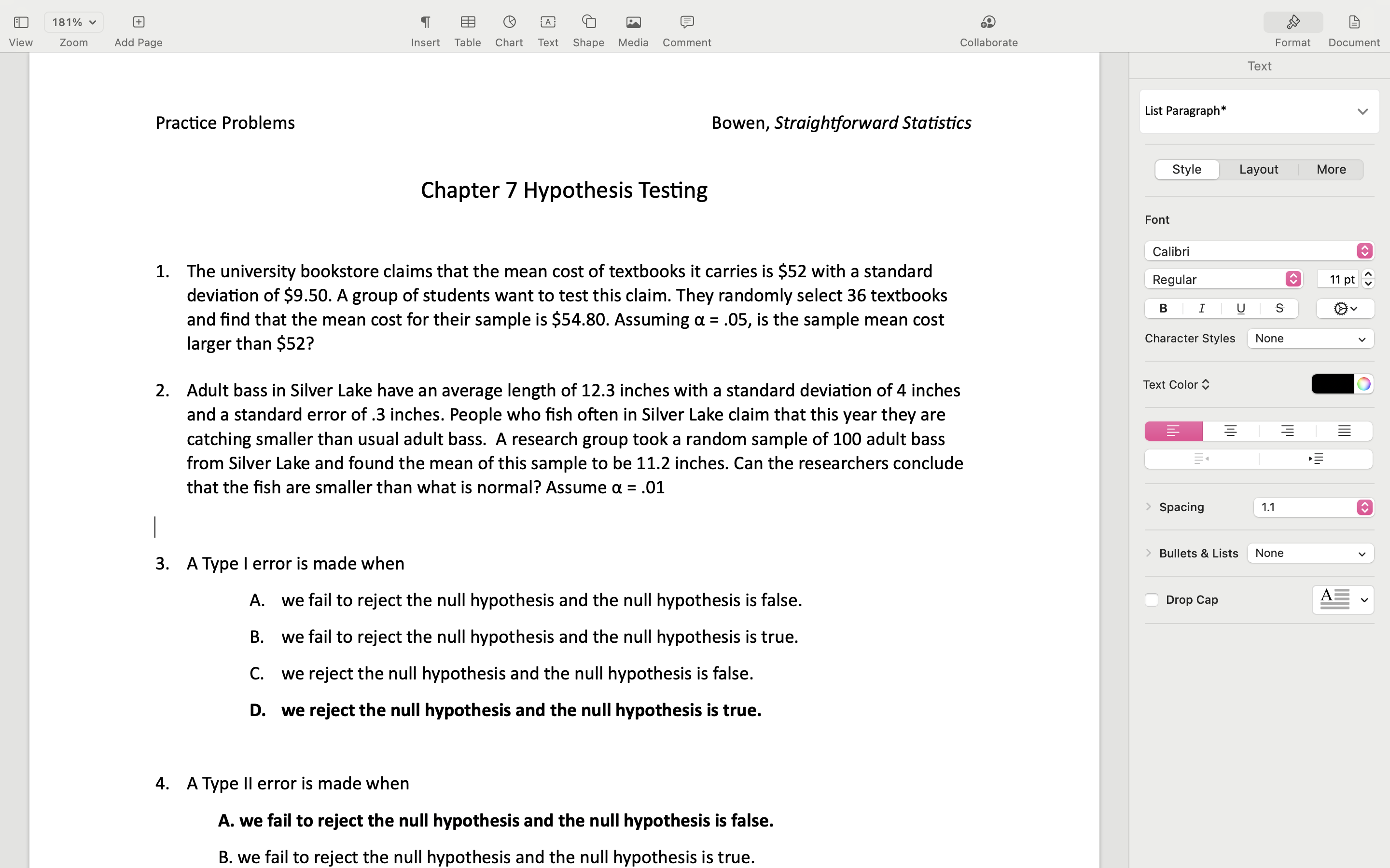 Solved Practice Problems Bowen, Straightforward Statistics | Chegg.com