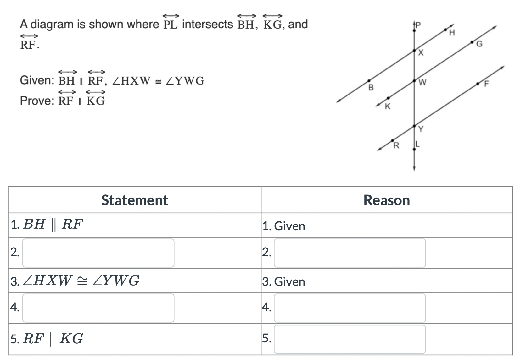 Solved A diagram is shown where PL intersects BH,KG, and RF. | Chegg.com