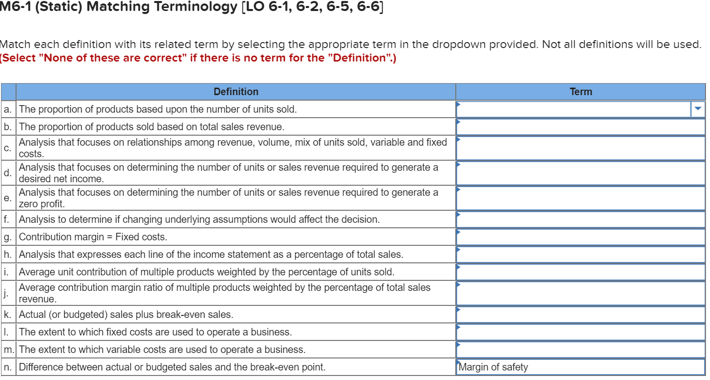 M6-1 (Static) Matching Terminology [LO 6-1, 6-2, 6-5, | Chegg.com