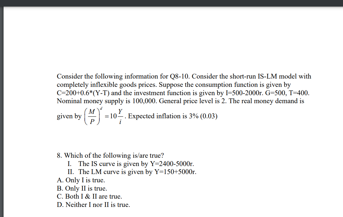 Solved Consider the following information for Q8-10. | Chegg.com