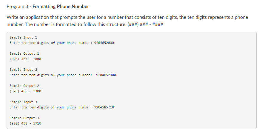 Solved Program 3 Formatting Phone Number Write An