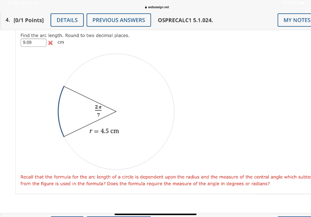 Solved Find the arc length. Round to two decimal places. ×cm | Chegg.com
