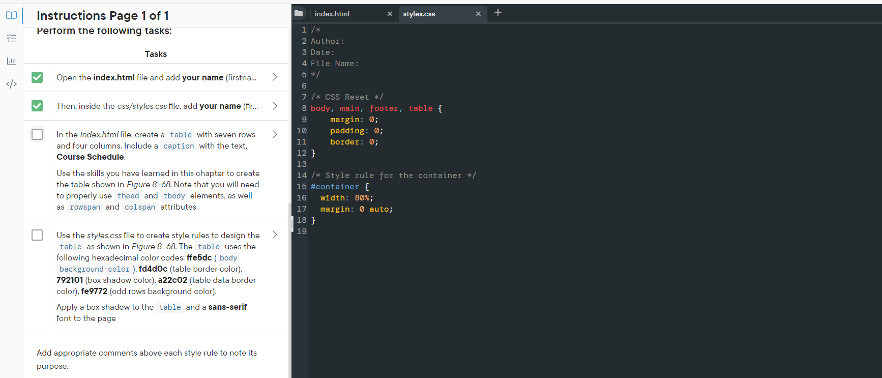 Solved index.html х styles.css ill B Instructions Page 1 of | Chegg.com