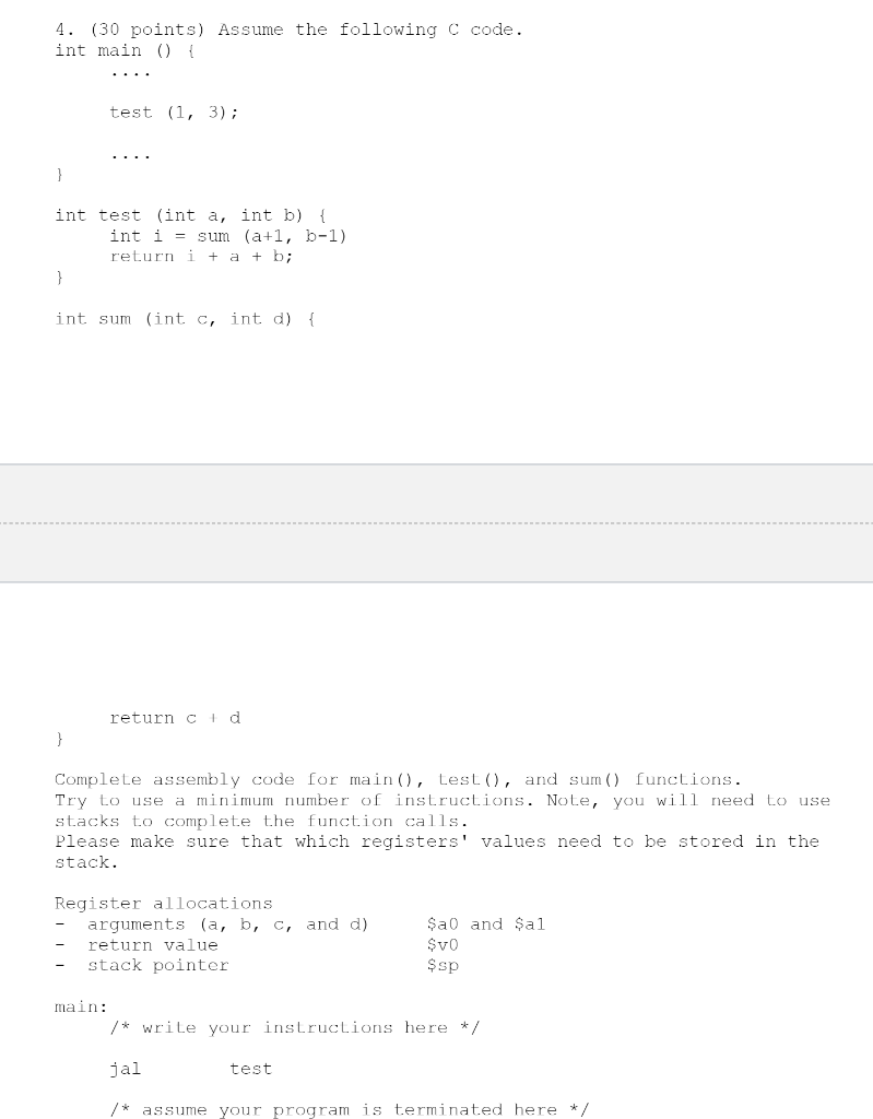 4. (30 points) Assume the following C code. int | Chegg.com