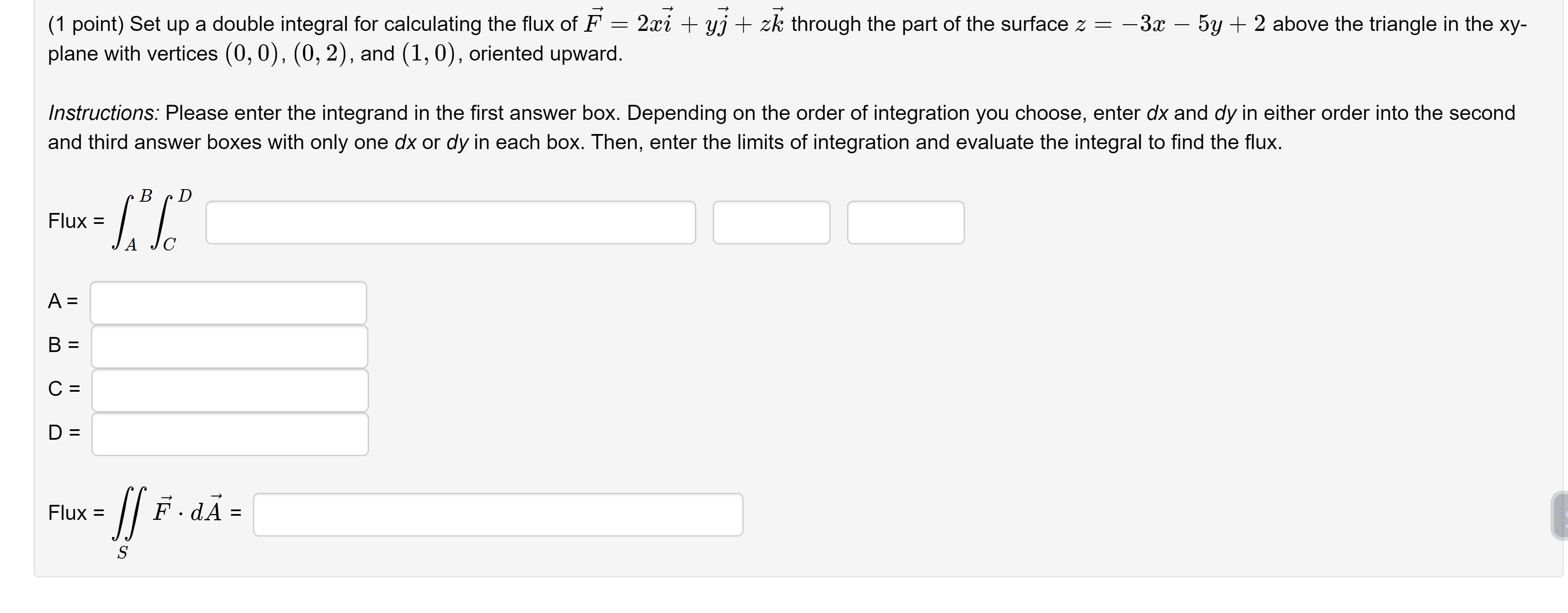Solved (1 ﻿point) ﻿Set up a double integral for calculating | Chegg.com