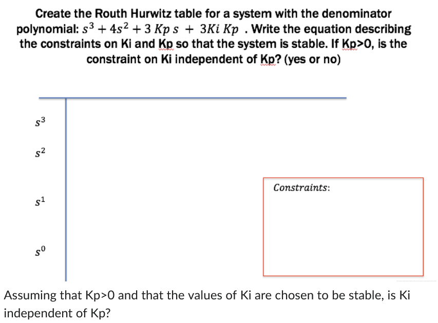 Solved Create the Routh Hurwitz table for a system with the | Chegg.com