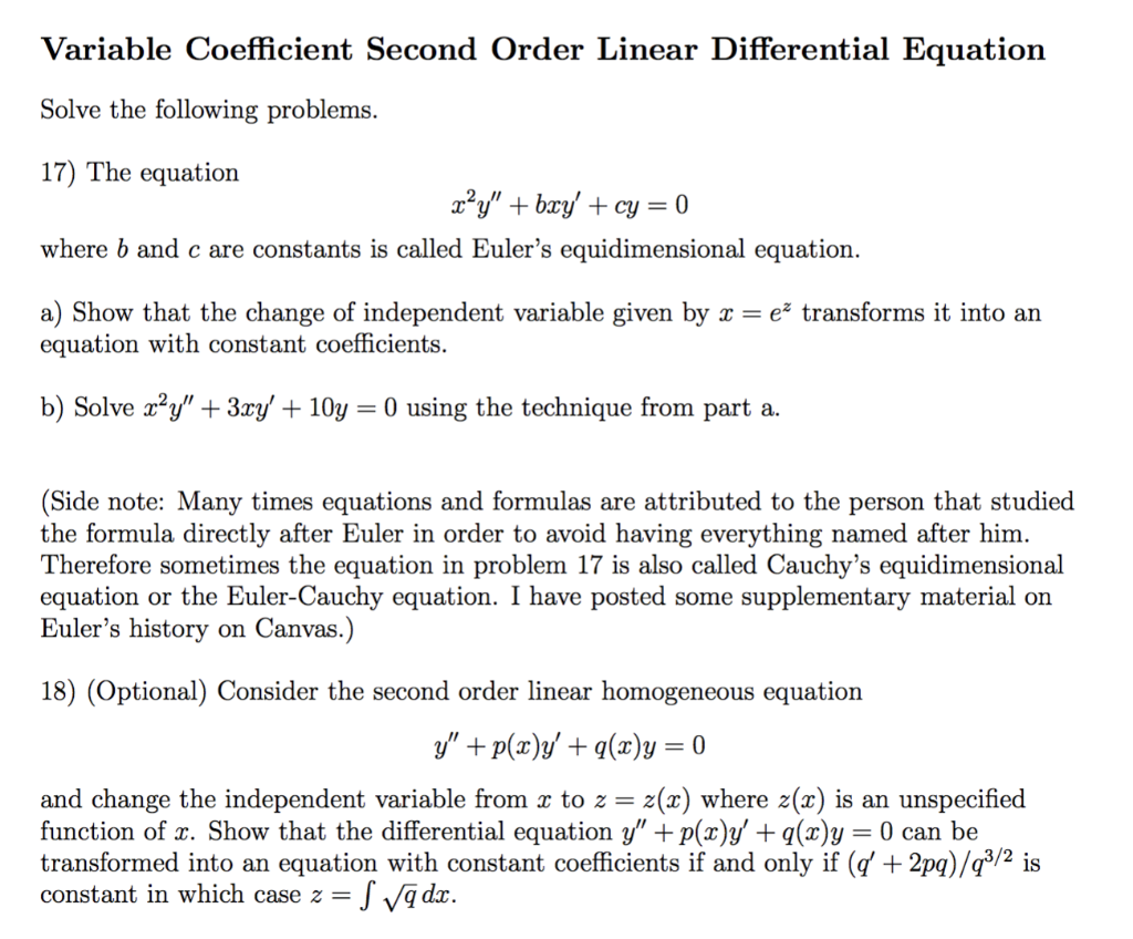 Solved Variable Coefficient Second Order Linear Differential | Chegg.com