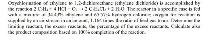 Solved Oxychlorination of ethylene to 1,2-dichloroethane | Chegg.com