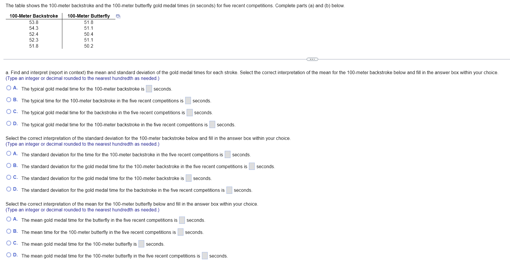 Solved The table shows the 100-meter backstroke and the | Chegg.com