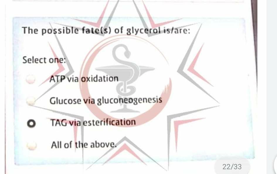 Solved The possible fate(s) of glycerol is/are: Select one: | Chegg.com