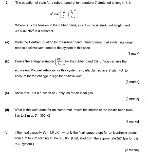 Solved 2. The equation of state for a rubber band at | Chegg.com