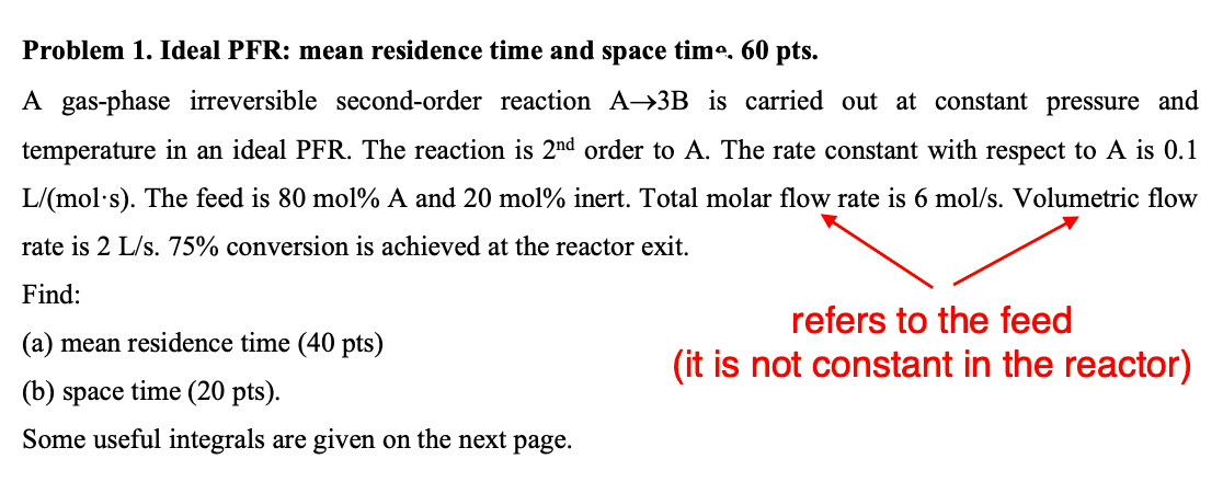 Solved Problem 1. Ideal PFR: mean residence time and space | Chegg.com