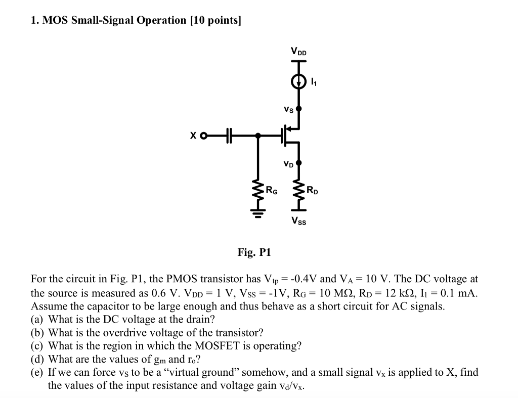 Solved 1. MOS Small-Signal Operation [10 points] VDD Vs VD | Chegg.com