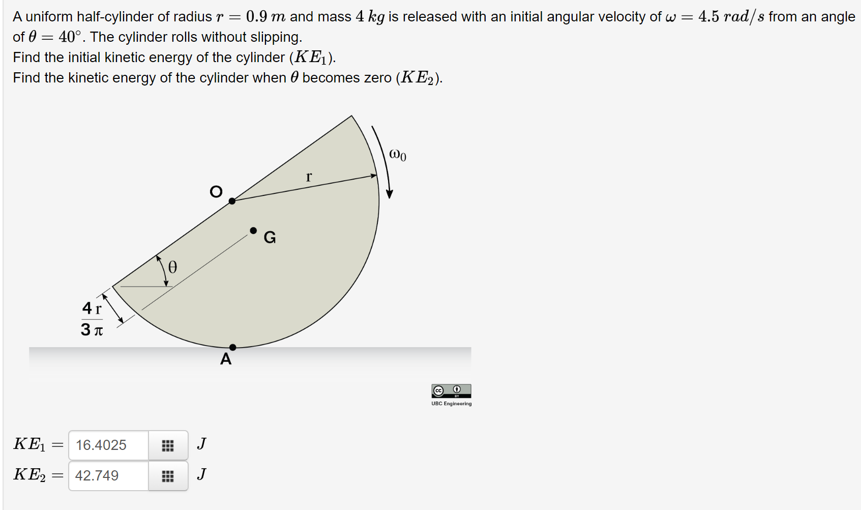 [Solved]: A uniform half-cylinder of radius ( r=0.9 math