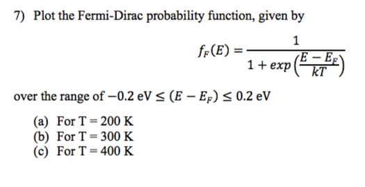 Solved 7) Plot the Fermi-Dirac probability function, given | Chegg.com