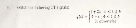 Solved ii. Sketch the following CT signals: q(t)=⎩⎨⎧1+2t;0 | Chegg.com